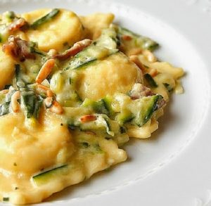 Buffalo ricotta ravioli with zucchini, prosciutto and mascarpone ...